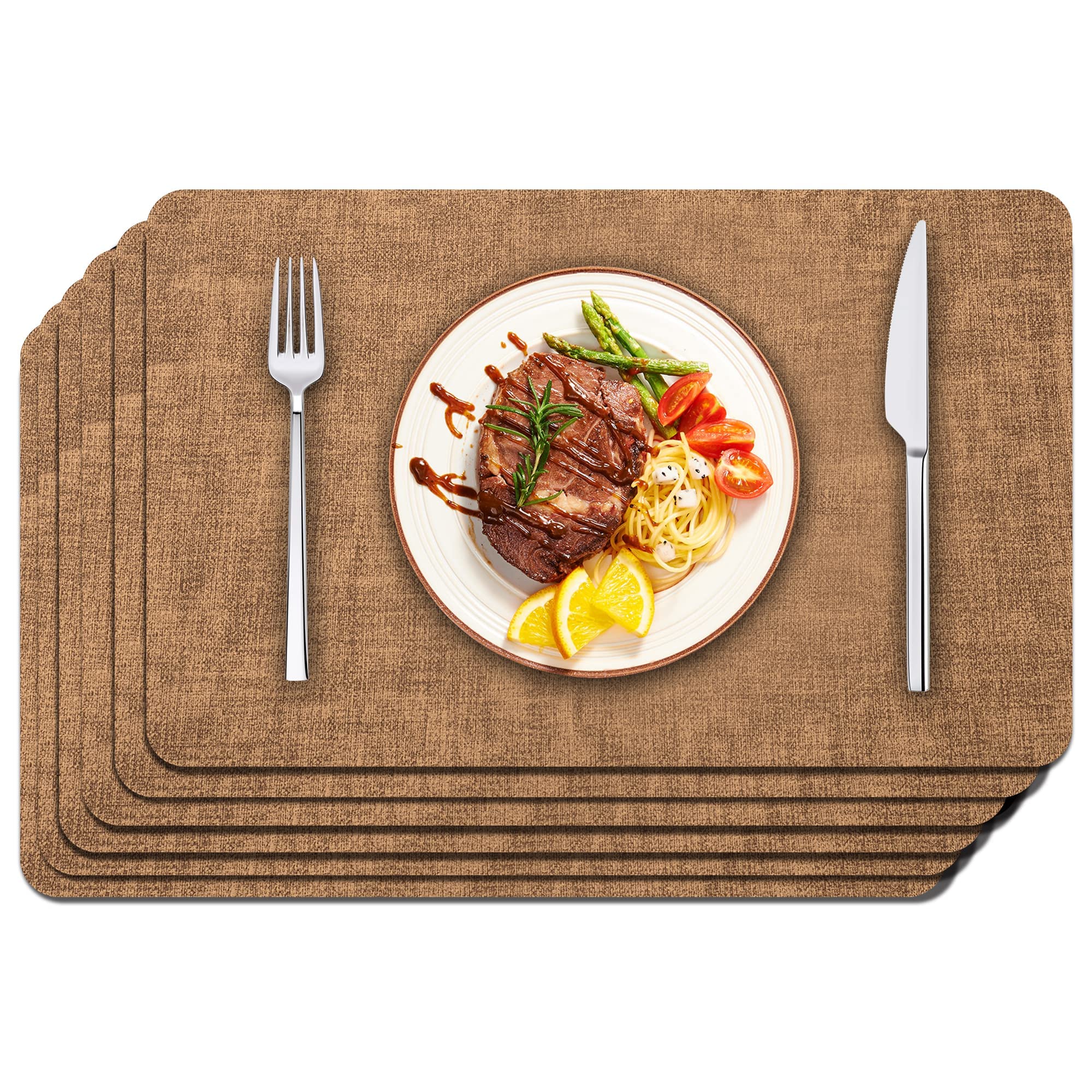 Maxpearl Faux Leather Placemats Set of 6 - Waterproof - Wipe Clean - Heat Resistant - Anti Slip Dining Table Place Mats, Suitable for Indoor & Outdoor Use, 17’’×12’’, Brown