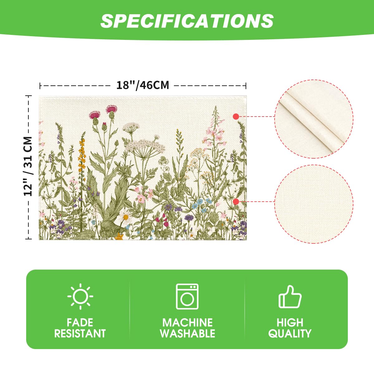 Artoid Mode Antique Herbs and Wild Flowers Fall Placemats Set of 4, 12x18 Inch Seasonal Wildflower Summer Table Mats for Party Kitchen Dining Decoration