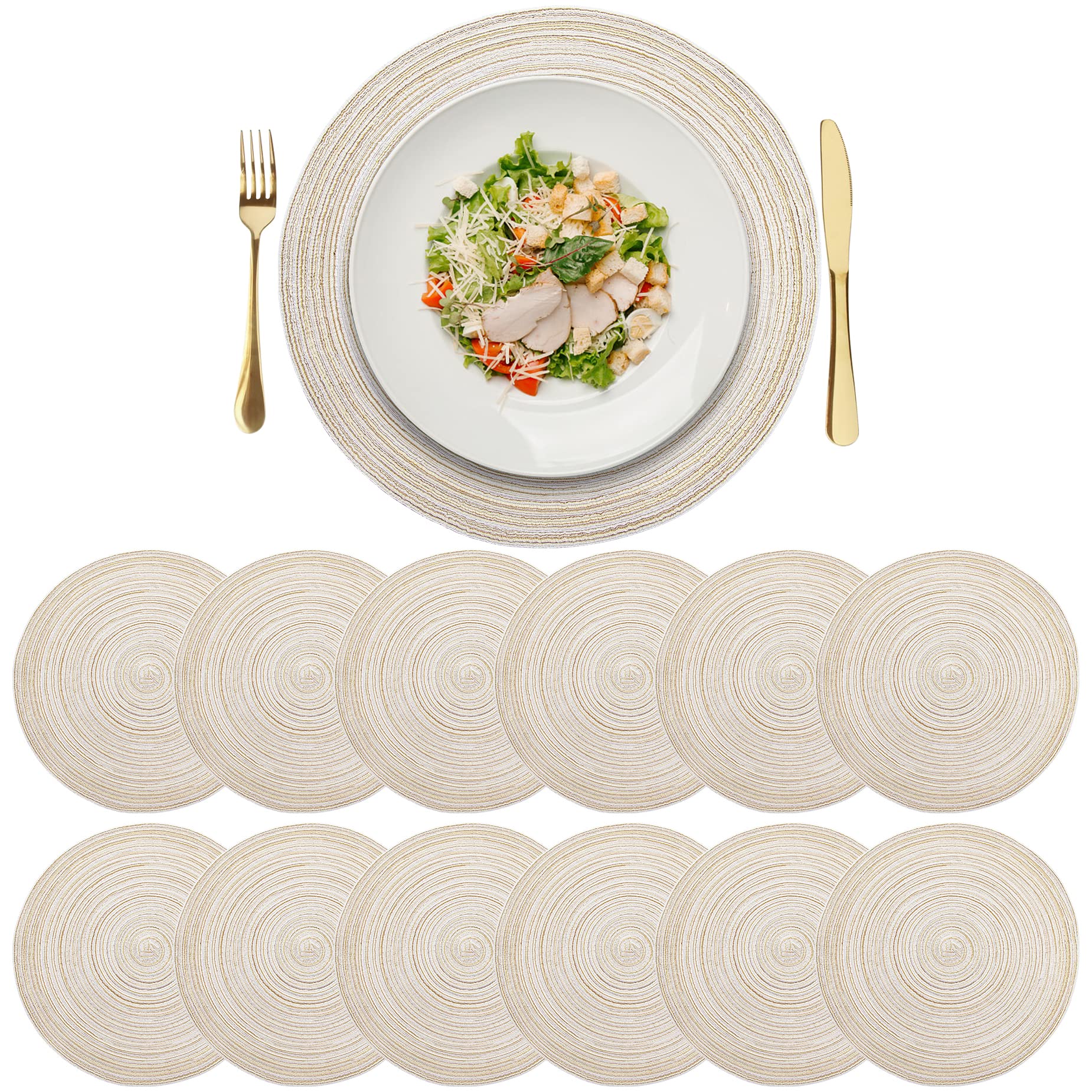 eQFeast Round Woven Placemats Set of 12 Beige Braided 15 Inch Washable Place Mats for Dining Table Kitchen Table Mats