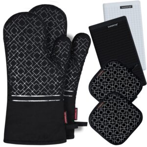 oven mitts and pot holders set 6pcs, kitchen oven glove,high heat resistant 550 degree extra long oven mitts and potholder with non-slip silicone surface for cooking baking grilling…