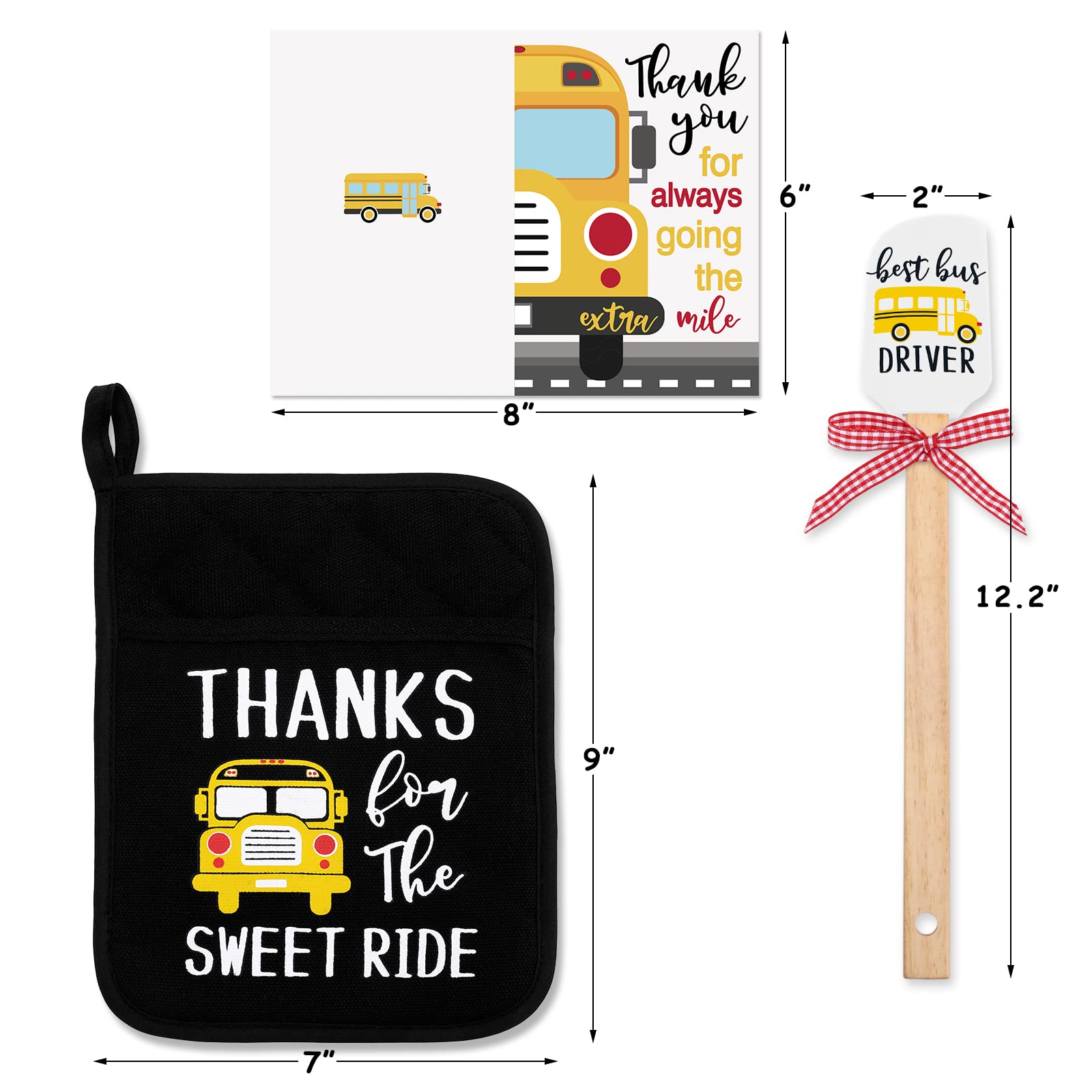 Vansolinne Bus Driver Gifts School Bus Pot Holder Baking Kit with Silicone Spatula Greeting Card for Bus Driver Teacher Appreciation Present Thanks for The Sweet Ride