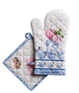 maison d' hermine oven mitt + pot holder 100% cotton heat resistant kitchen oven gloves (7.5"x13") & hot pads (8"x8"), chef, women & men parties, birdies on wire - spring/summer