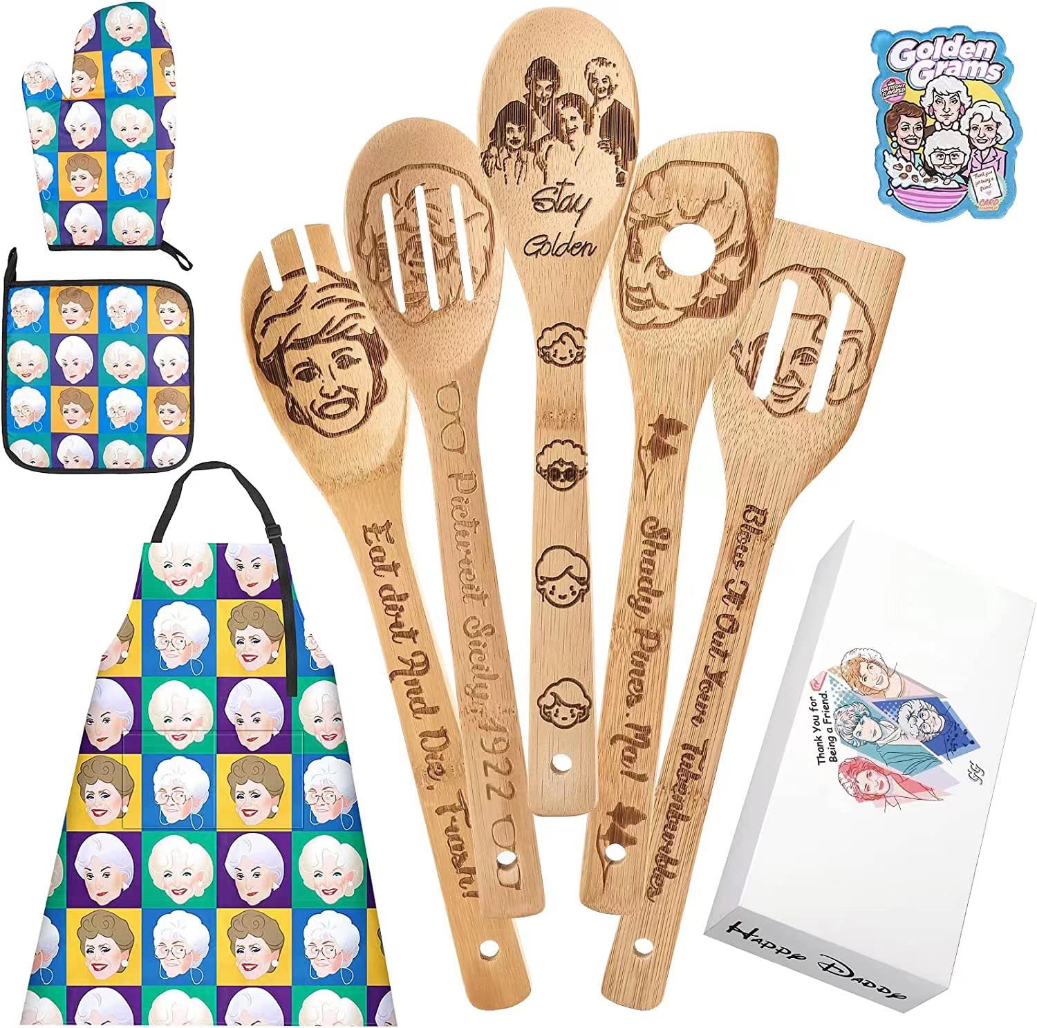 Christmas Gift Kitchen Utensils Set Idea Utensil Wooden Spoons Set House Warming Wedding Present Spoon Set Kitchen Gift Set (Golden Girls)