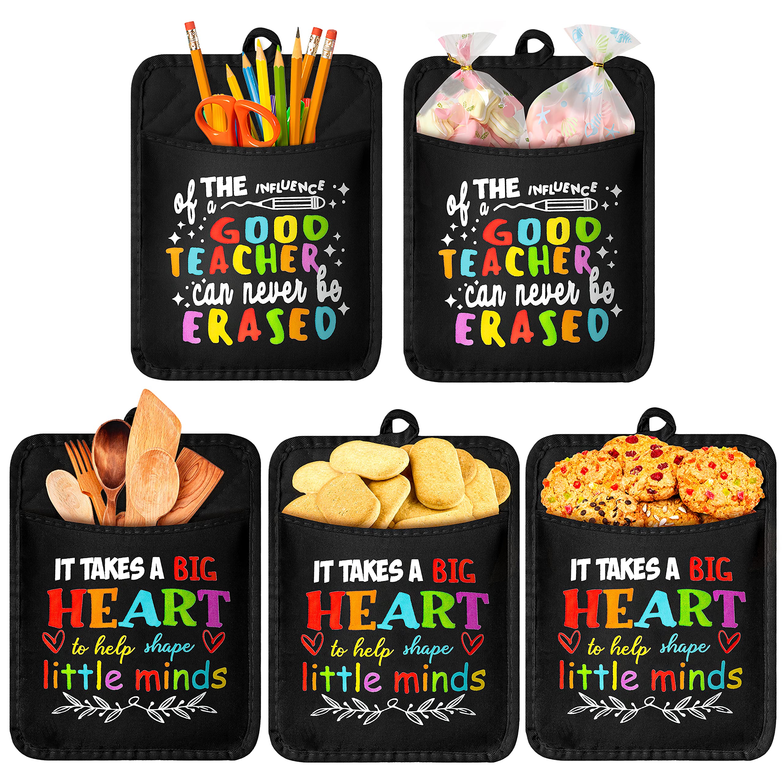 GROBRO7 5Pcs Teacher Appreciation Gift Pot Holders It Takes a Big Heart to Help Shape Little Minds Cotton Pocket Potholder Microwave Oven Mitt Thank You Teachers Gifts for Back to School Graduation