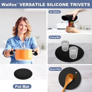 Silicone Trivet Mats - Walfos Heat Resistant Pot Holders Set, 4pcs 2 Sizes 7 Inch & 9 Inch, Multipurpose Non-Slip Hot Pads for Hot Pot, Hot Dishers, Jar Opener, Food Grade & BPA Free (Black)