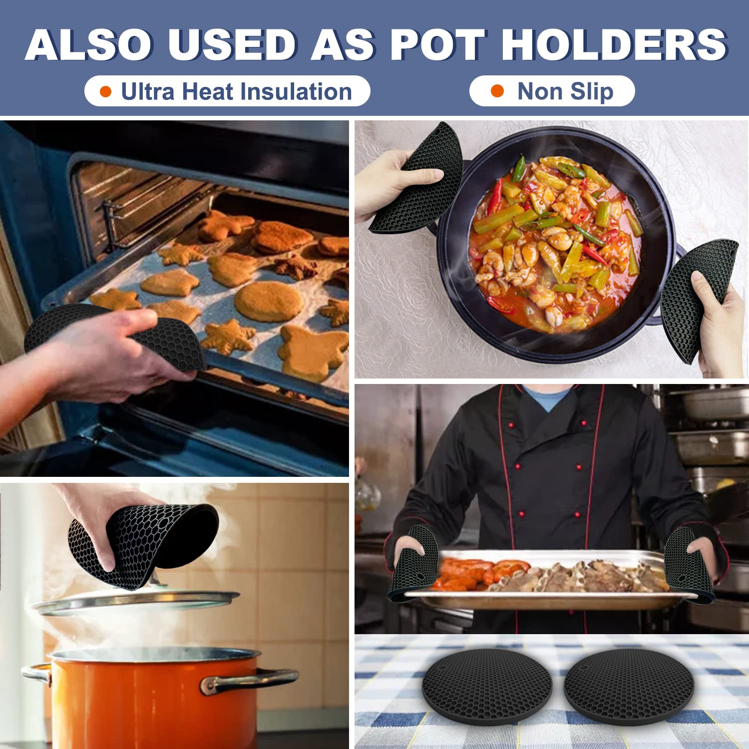 Silicone Trivet Mats - Walfos Heat Resistant Pot Holders Set, 4pcs 2 Sizes 7 Inch & 9 Inch, Multipurpose Non-Slip Hot Pads for Hot Pot, Hot Dishers, Jar Opener, Food Grade & BPA Free (Black)