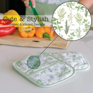 Sage+Stitch Heat Resistant Designer Pot Holders with Hand Pockets and Hanging Loops | Set of 2 100% Cotton Dual Function Kitchen Pot Holders and Trivets | 7'' x 9'' | Green Herbs