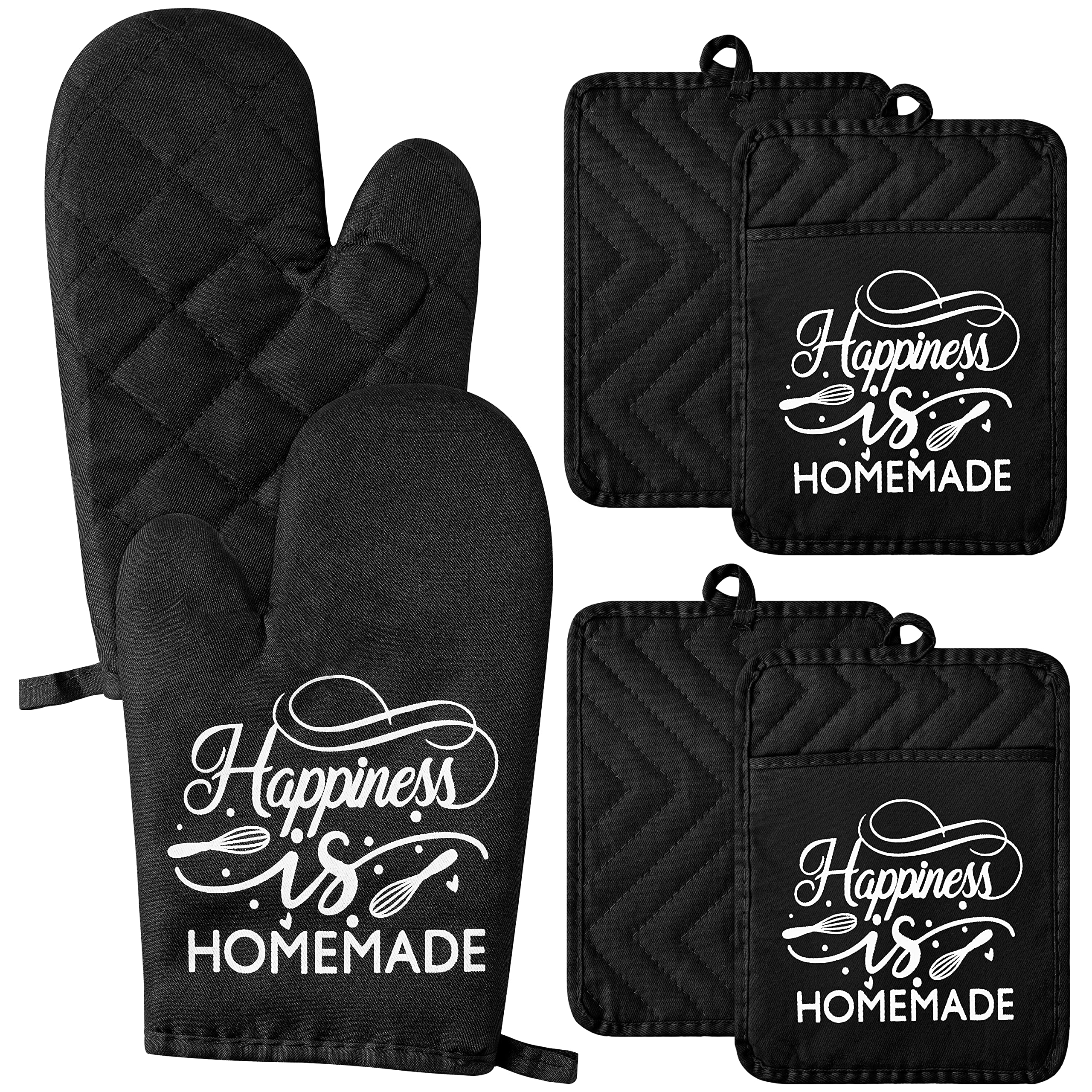 GROBRO7 6Pcs Funny Oven Mitts Pot Holders Set Happiness is Homemade Heat Resistant Hot Pads Machine Washable Gloves Durable Pocket Pot Holder with Hanging Loop for Safe Kitchen Baking Cooking Grilling