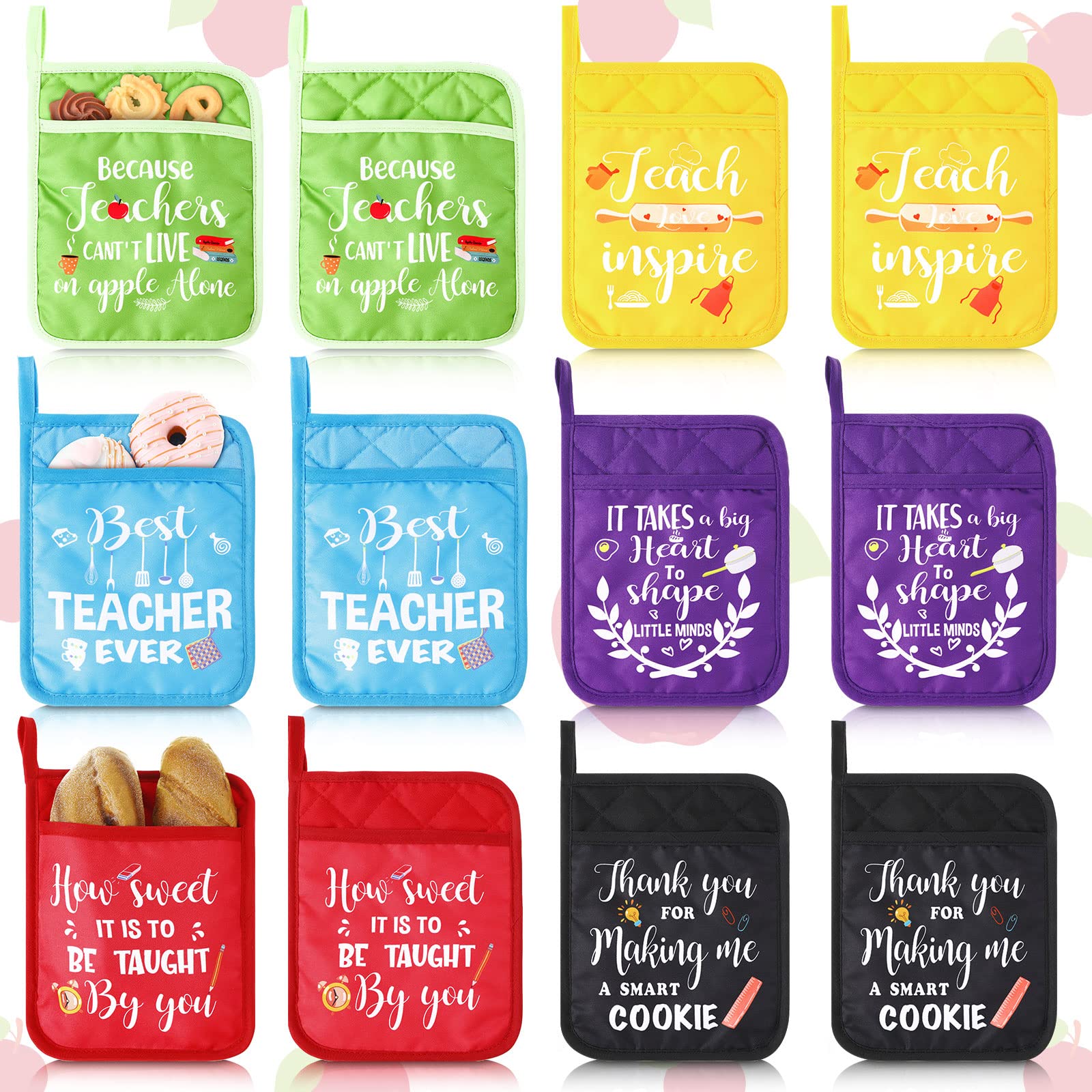 WILLBOND 12 Pieces Teacher Appreciation Gifts Teacher Pot Holders with Pocket Funny Pot Holders for Kitchen Heat Resistant Oven Mitts Hot Pads for Baking Cooking