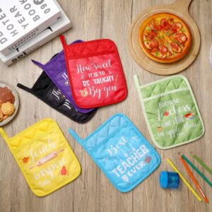 WILLBOND 12 Pieces Teacher Appreciation Gifts Teacher Pot Holders with Pocket Funny Pot Holders for Kitchen Heat Resistant Oven Mitts Hot Pads for Baking Cooking