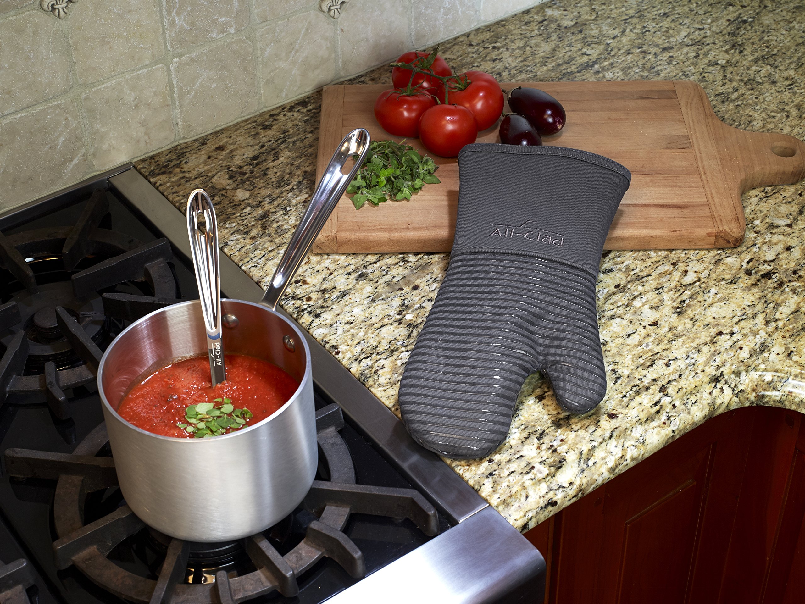 All-Clad Silicone Oven Mitts: Heat Resistant up to 500 Degrees - 100% Cotton & Silicone, 14"x7" Oven Mitt for Kitchen and Barbeque, 2-Pack, Pewter