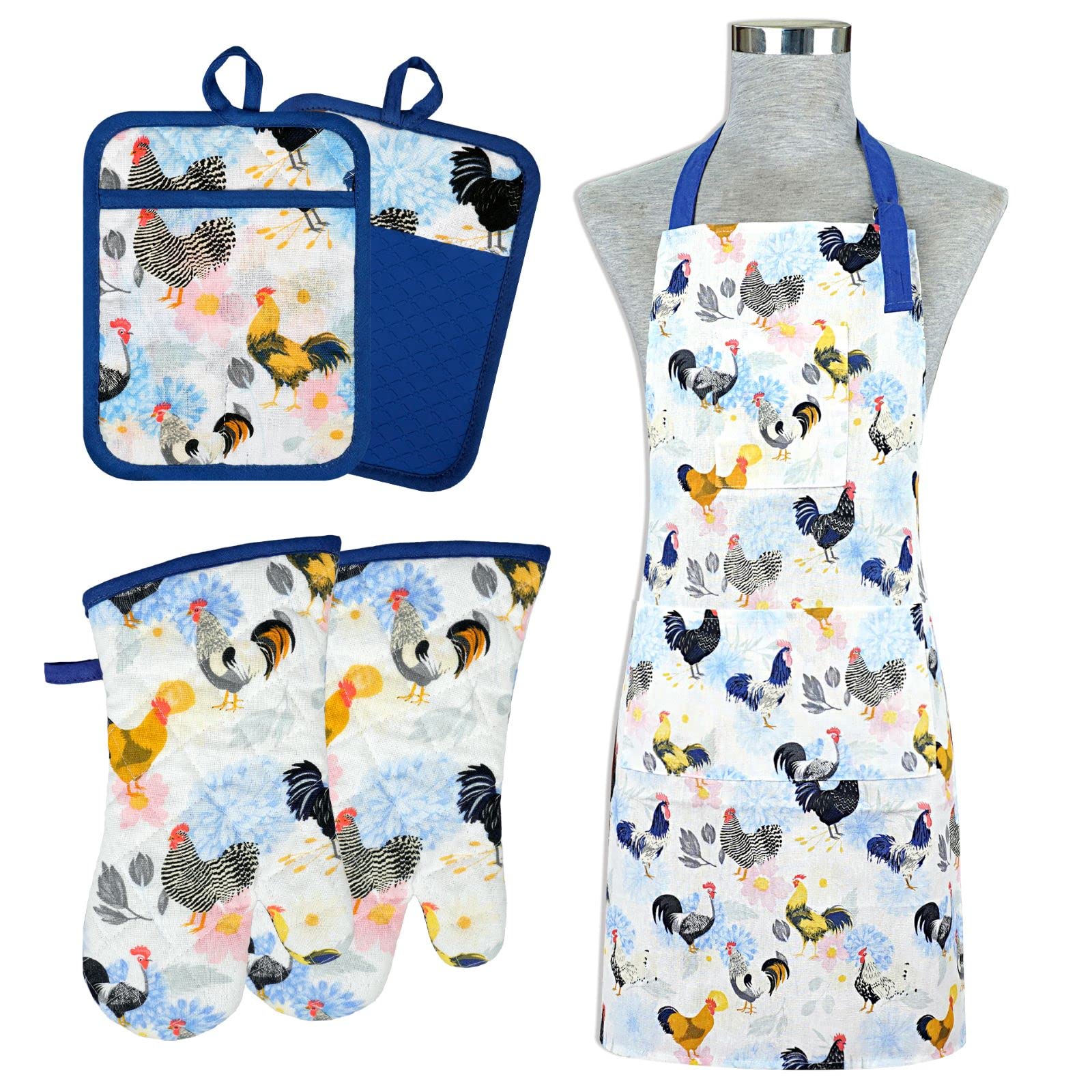 Alselo Oven Mitts and Pot Holders with Chef Apron,Set of 5 Heat Resistant Kitchen Gloves and Silicone Non-Slip Potholders Adjustable Neck Buckle Chef Apron, Cotton Nice Design for Cooking (Rooster)