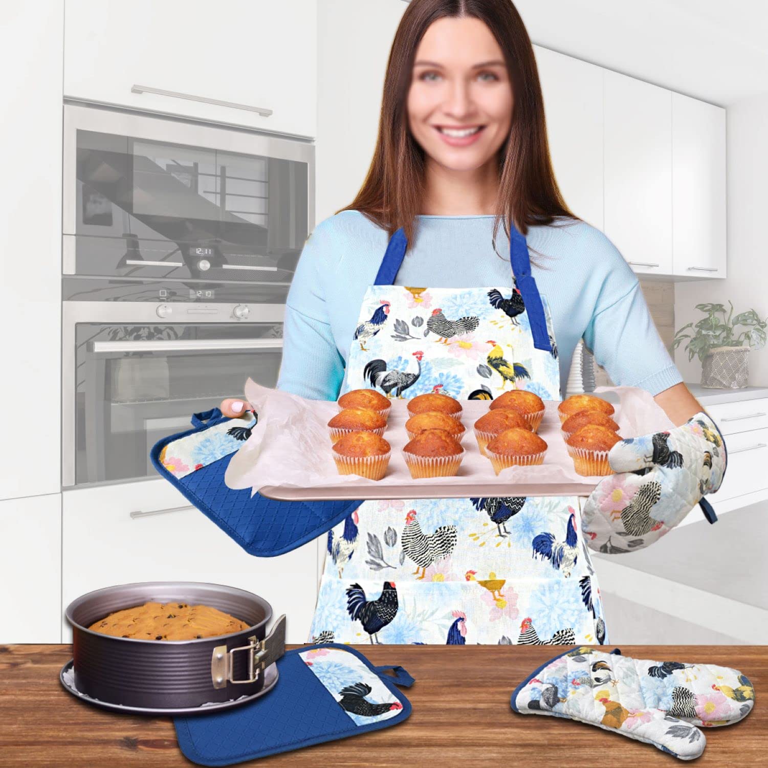 Alselo Oven Mitts and Pot Holders with Chef Apron,Set of 5 Heat Resistant Kitchen Gloves and Silicone Non-Slip Potholders Adjustable Neck Buckle Chef Apron, Cotton Nice Design for Cooking (Rooster)