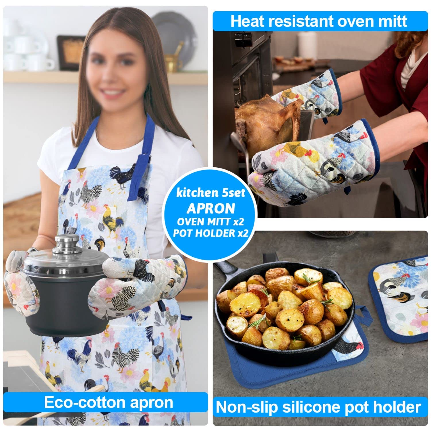 Alselo Oven Mitts and Pot Holders with Chef Apron,Set of 5 Heat Resistant Kitchen Gloves and Silicone Non-Slip Potholders Adjustable Neck Buckle Chef Apron, Cotton Nice Design for Cooking (Rooster)