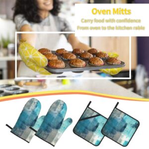 Oven Mitts and Pot Holders Sets of 4 High Heat Resistant Modern Art Gry Turquoise Abstract Oven Mitts with Oven Gloves and Hot Pads Potholders for Kitchen Baking Cooking BBQ Non-Slip Cooking Mitts