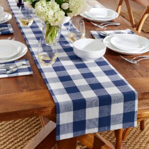 elrene home fashions farmhouse living buffalo-check table runner, rustic kitchen and table linens, 13" x 70", blue/white