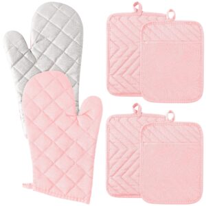 grobro7 6pcs cotton oven mitts and pot holders set heat resistant hot pads durable pocket pot holder machine washable bbq gloves with hanging loop for safe kitchen baking cooking grilling pink