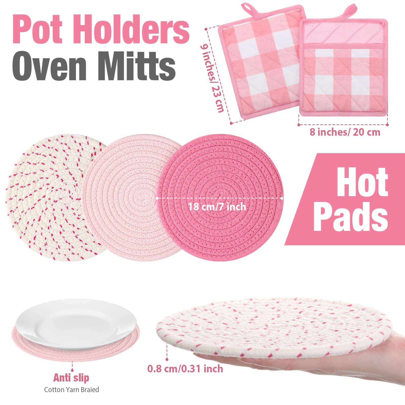 Oven Mitts and Pot Holders 7 Sets, Heat Resistant Kitchen Gloves Pads Potholders for Christmas Women Gifts Cotton Pot Holders Farmhouse Kitchen Accessories Gift for Cooking Baking(Pink White, Cotton)