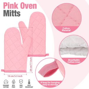 Oven Mitts and Pot Holders 7 Sets, Heat Resistant Kitchen Gloves Pads Potholders for Christmas Women Gifts Cotton Pot Holders Farmhouse Kitchen Accessories Gift for Cooking Baking(Pink White, Cotton)