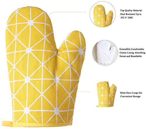 SUJAYU Oven Mitts, 2 Pack 10.6" X 6.7" Cotton Oven Mitt Pot Holders, Non-Slip 392°F Heat Resistant Oven Mits Kitchen Gloves Potholders for Cooking Baking Grilling (Yellow)