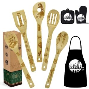 christmas gift for mom women nightmare halloween kitchen decorations cooking utensils set - wooden cooking spoons with apron oven mitt potholder - mother's day gift women birthday gift