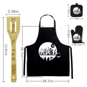 Christmas Gift for Mom Women Nightmare Halloween Kitchen Decorations Cooking Utensils Set - Wooden Cooking Spoons with Apron Oven Mitt Potholder - Mother's Day Gift Women Birthday Gift