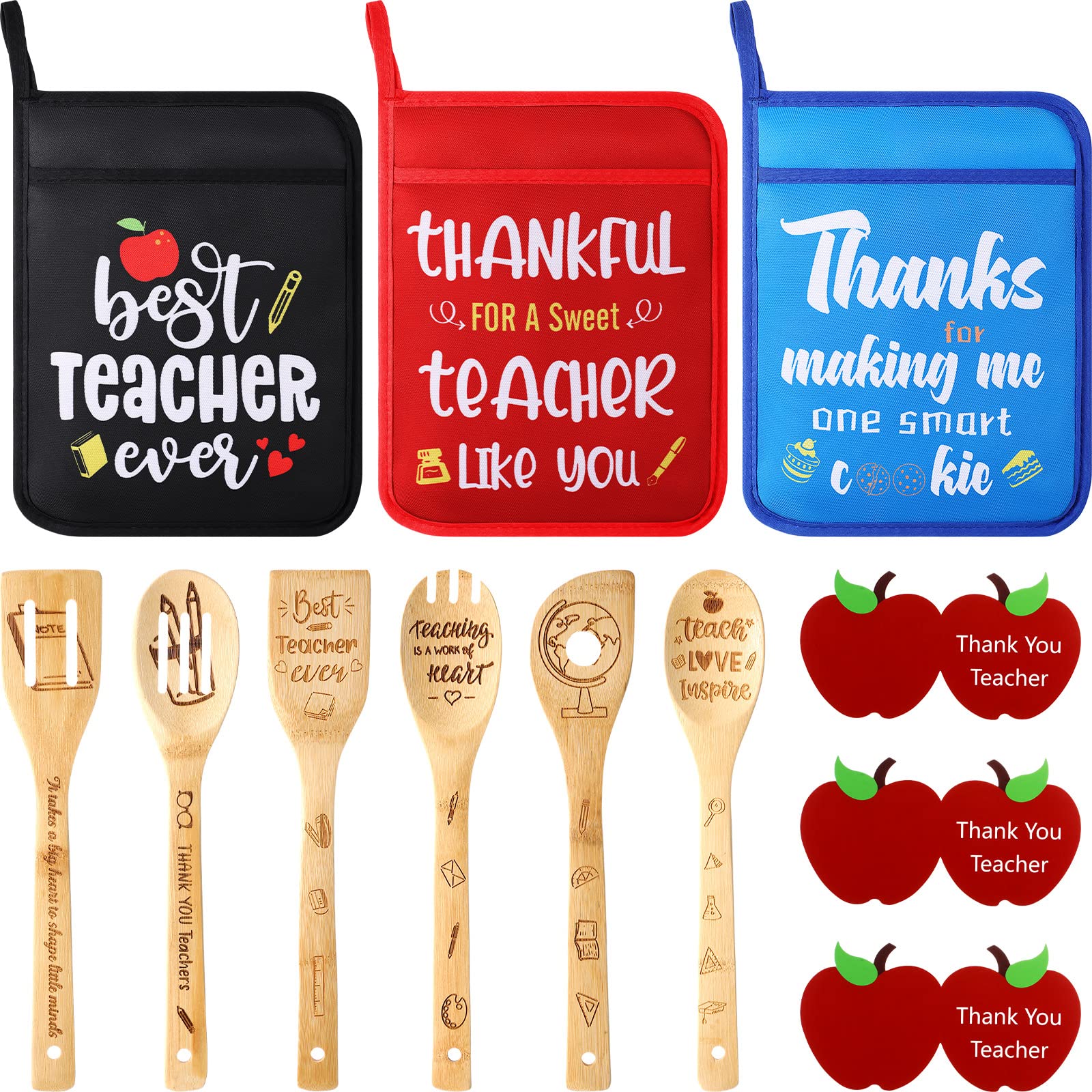 Remerry 12 Pcs Christmas Teacher Appreciation Gifts for Woman 3 Oven Mitt Potholder 6 Bamboo Utensil Set 3 Teacher Gift Greeting Cards