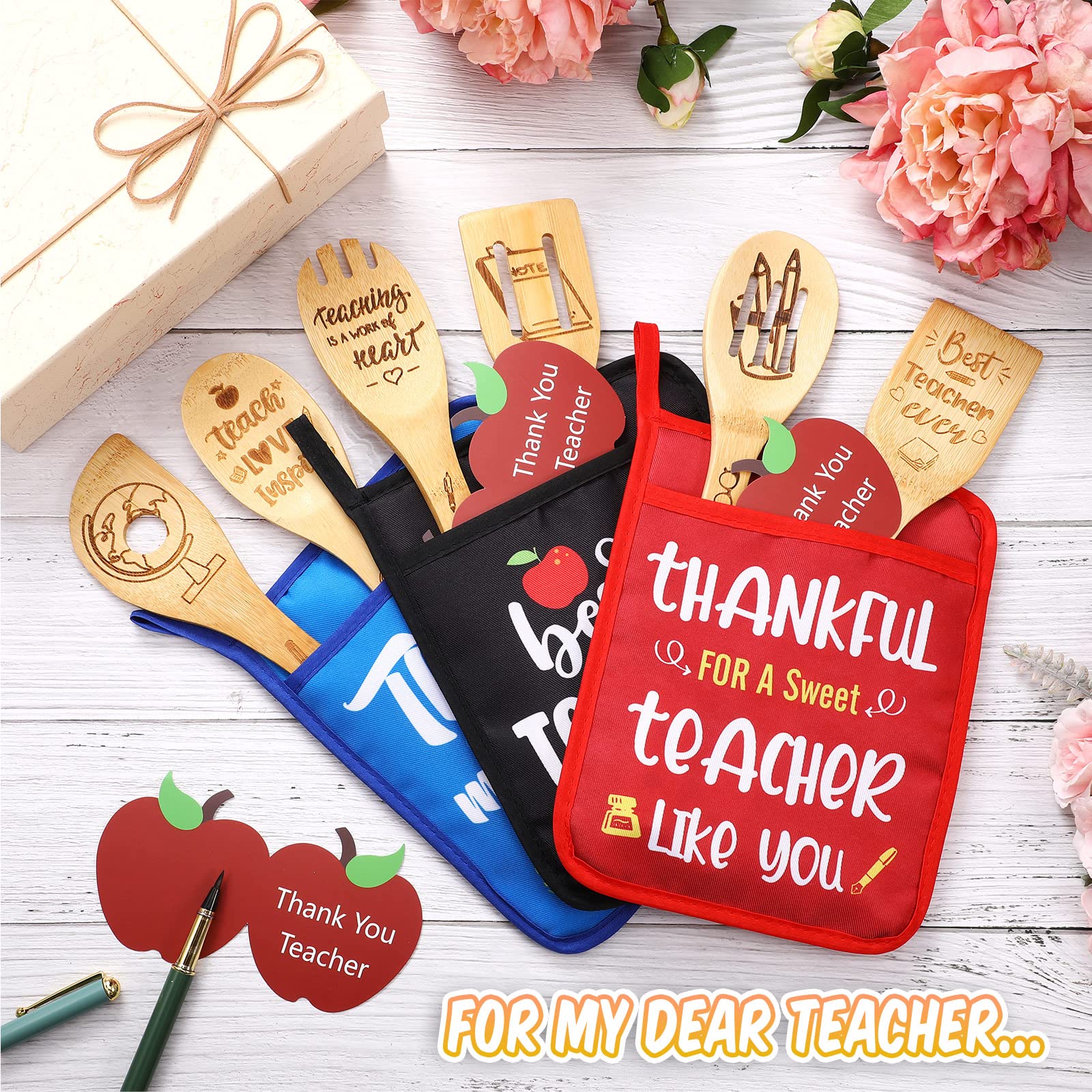 Remerry 12 Pcs Christmas Teacher Appreciation Gifts for Woman 3 Oven Mitt Potholder 6 Bamboo Utensil Set 3 Teacher Gift Greeting Cards