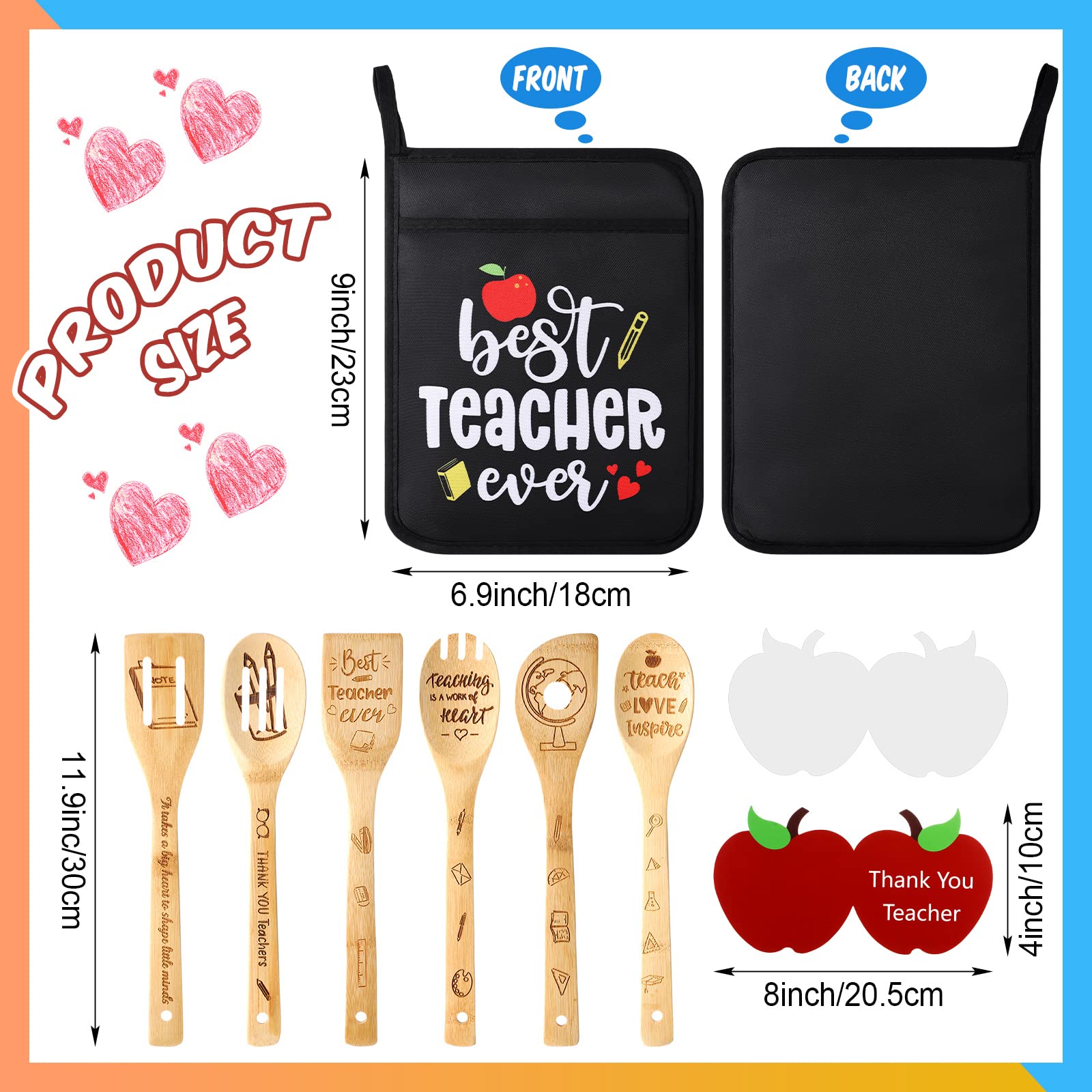 Remerry 12 Pcs Christmas Teacher Appreciation Gifts for Woman 3 Oven Mitt Potholder 6 Bamboo Utensil Set 3 Teacher Gift Greeting Cards