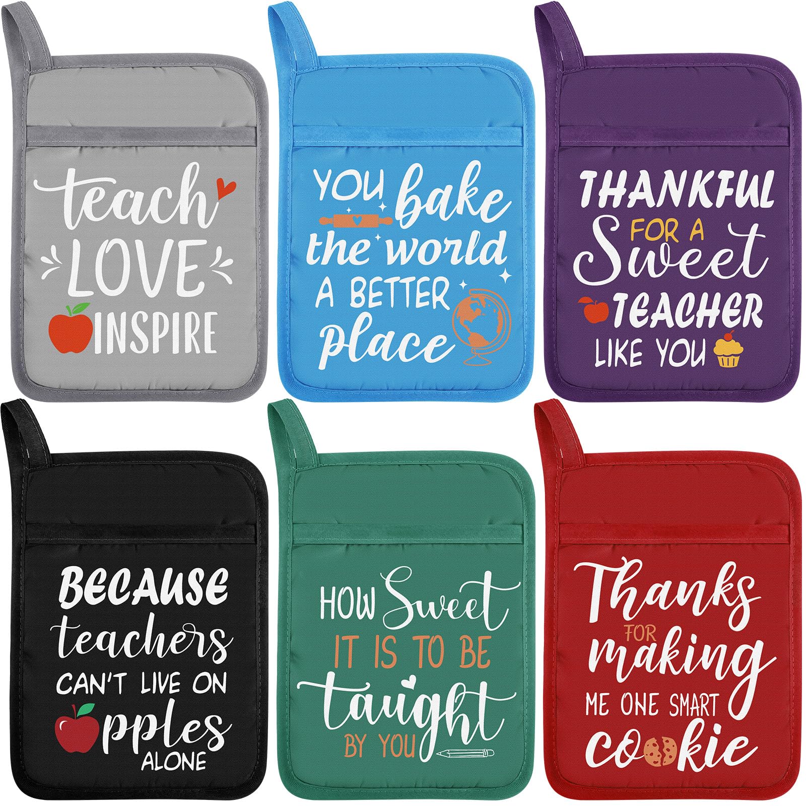 6 Pieces Teacher Appreciation Gifts for Woman Funny Pot Holders Heat Resistant Teacher Oven Mitt with Hand Pocket and Hanging Loop Cookies Oven Pads for Teachers