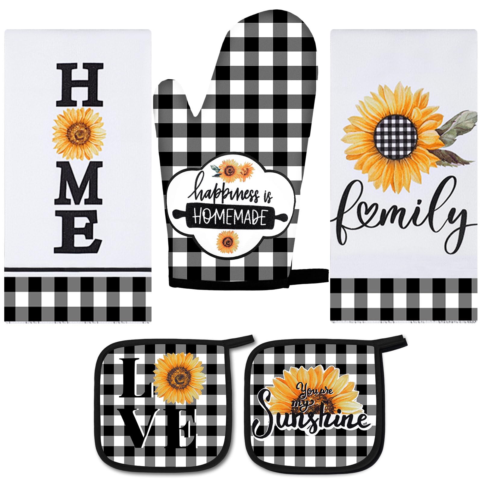 Rtteri 5 Pieces Buffalo Plaid Kitchen Towels Oven Mitts and Pot Holder Set Black and White Kitchen Towels Oven Gloves and Hot Pads Pot Holders for Farm House Kitchen Accessories and Decor (Sunflower)