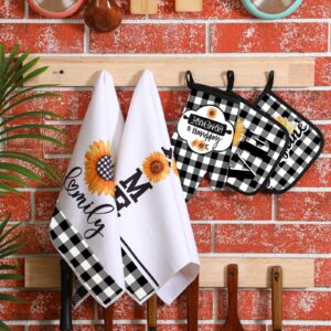 Rtteri 5 Pieces Buffalo Plaid Kitchen Towels Oven Mitts and Pot Holder Set Black and White Kitchen Towels Oven Gloves and Hot Pads Pot Holders for Farm House Kitchen Accessories and Decor (Sunflower)