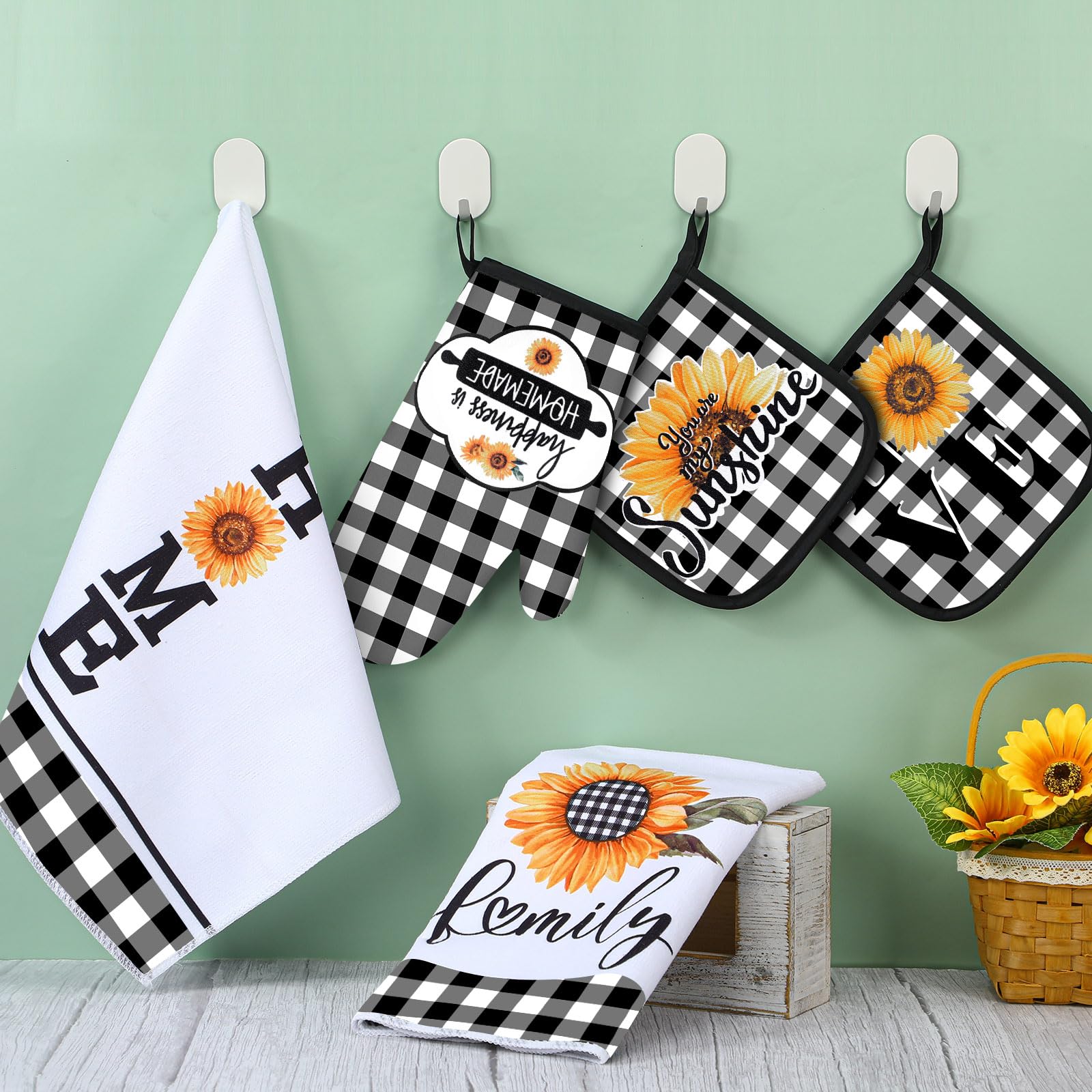 Rtteri 5 Pieces Buffalo Plaid Kitchen Towels Oven Mitts and Pot Holder Set Black and White Kitchen Towels Oven Gloves and Hot Pads Pot Holders for Farm House Kitchen Accessories and Decor (Sunflower)