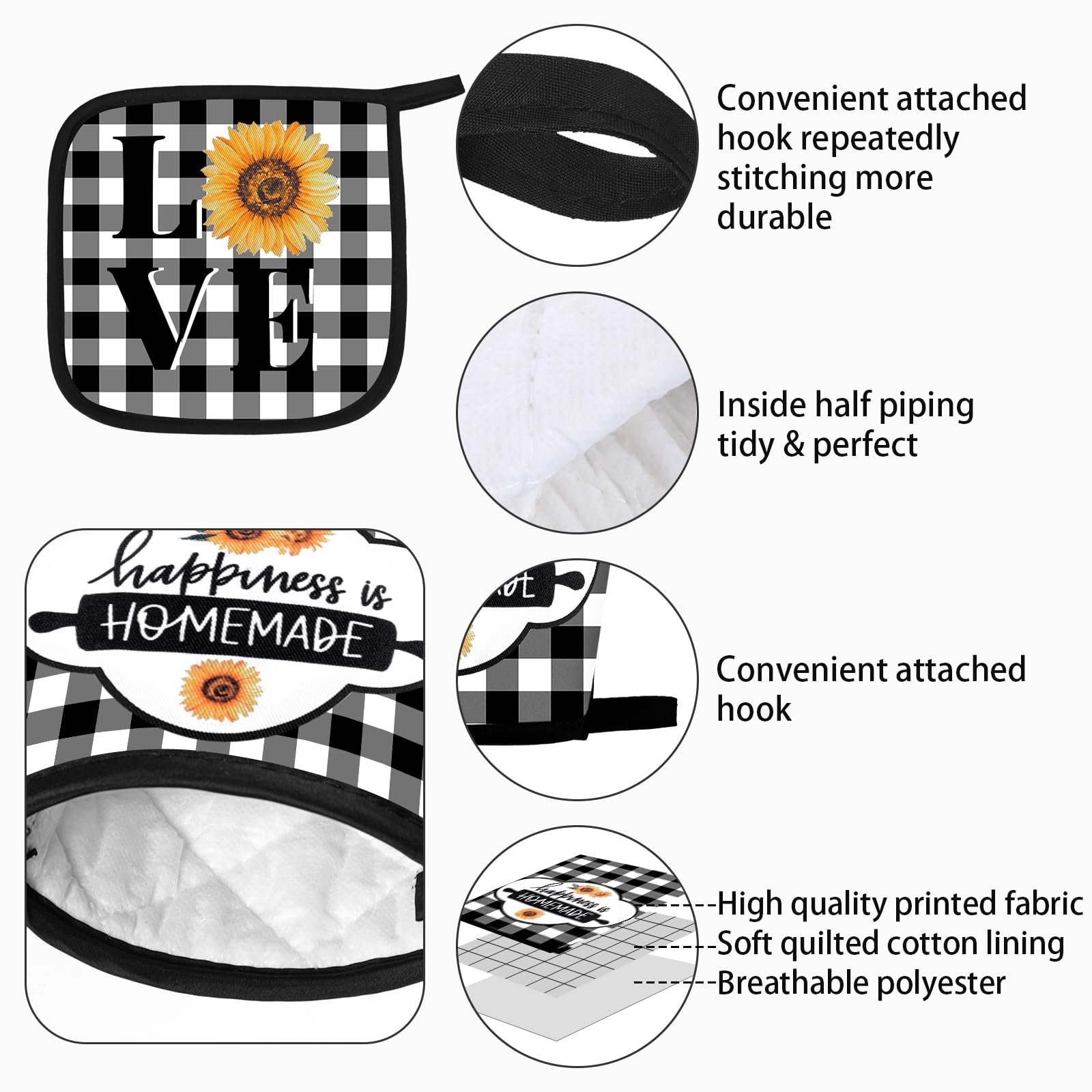 Rtteri 5 Pieces Buffalo Plaid Kitchen Towels Oven Mitts and Pot Holder Set Black and White Kitchen Towels Oven Gloves and Hot Pads Pot Holders for Farm House Kitchen Accessories and Decor (Sunflower)