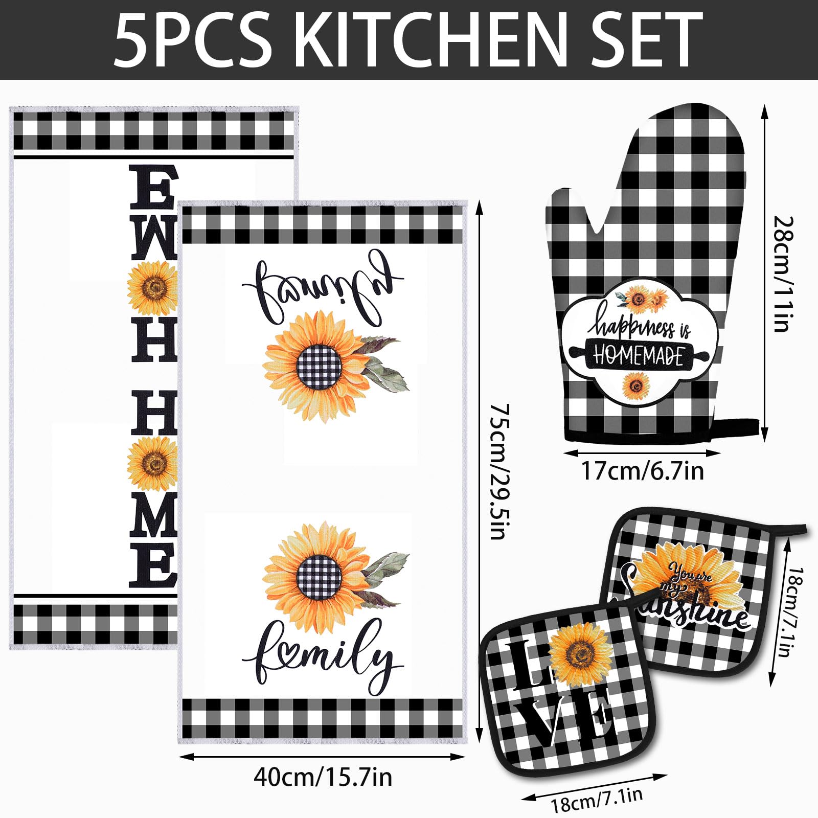 Rtteri 5 Pieces Buffalo Plaid Kitchen Towels Oven Mitts and Pot Holder Set Black and White Kitchen Towels Oven Gloves and Hot Pads Pot Holders for Farm House Kitchen Accessories and Decor (Sunflower)