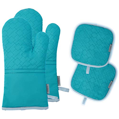 Oven Mitts and Pot Holders Set 4Pcs, Oven Mitt 572F Heat Resistant for Kitchen, Soft Cotton Lining Oven Gloves with Non-Slip Silicone Surface for Cooking Baking Grilling(Turquoise)