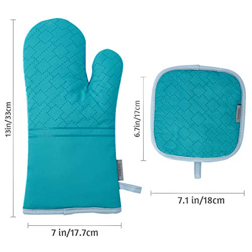 Oven Mitts and Pot Holders Set 4Pcs, Oven Mitt 572F Heat Resistant for Kitchen, Soft Cotton Lining Oven Gloves with Non-Slip Silicone Surface for Cooking Baking Grilling(Turquoise)