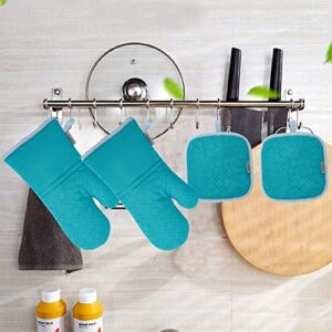 Oven Mitts and Pot Holders Set 4Pcs, Oven Mitt 572F Heat Resistant for Kitchen, Soft Cotton Lining Oven Gloves with Non-Slip Silicone Surface for Cooking Baking Grilling(Turquoise)