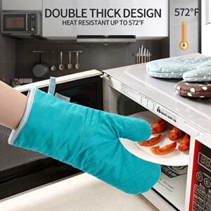 Oven Mitts and Pot Holders Set 4Pcs, Oven Mitt 572F Heat Resistant for Kitchen, Soft Cotton Lining Oven Gloves with Non-Slip Silicone Surface for Cooking Baking Grilling(Turquoise)