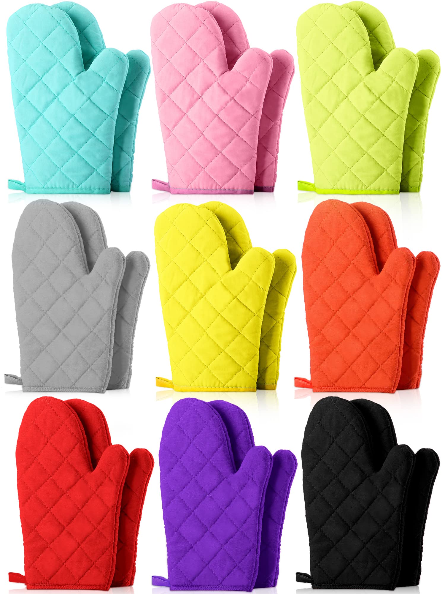 Nuogo 9 Pair Oven Mitts Quilted Terry Cloth Lining Extra Long Heat Resistant Kitchen Gloves Thick Hot for Reliable Flexible Polyester Cotton Oven, 11 Inch