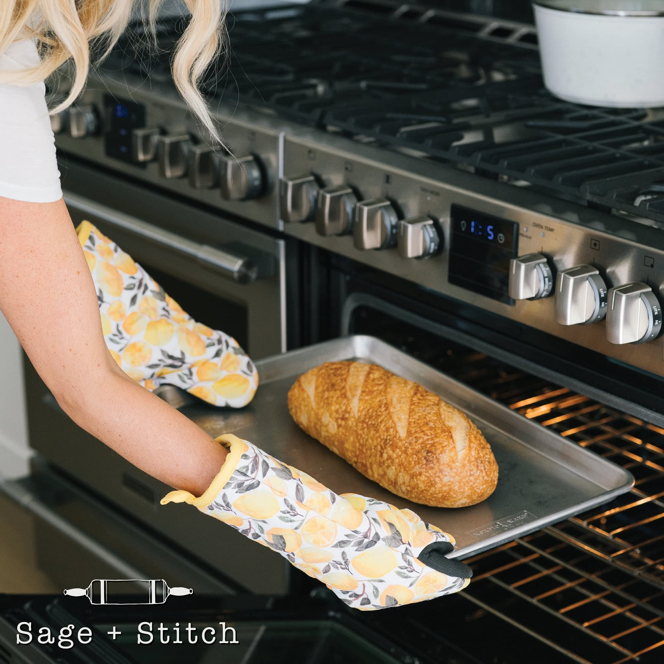 Sage+Stitch Heat Resistant Designer Kitchen Oven Mitts with Neoprene Non-Slip Grips and Hanging Loops | Set of 2 100% Cotton Long Sleeve Kitchen Oven Mitts | 5.5" x 12" | Yellow Lemons