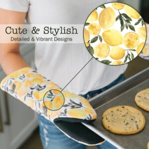 Sage+Stitch Heat Resistant Designer Kitchen Oven Mitts with Neoprene Non-Slip Grips and Hanging Loops | Set of 2 100% Cotton Long Sleeve Kitchen Oven Mitts | 5.5" x 12" | Yellow Lemons