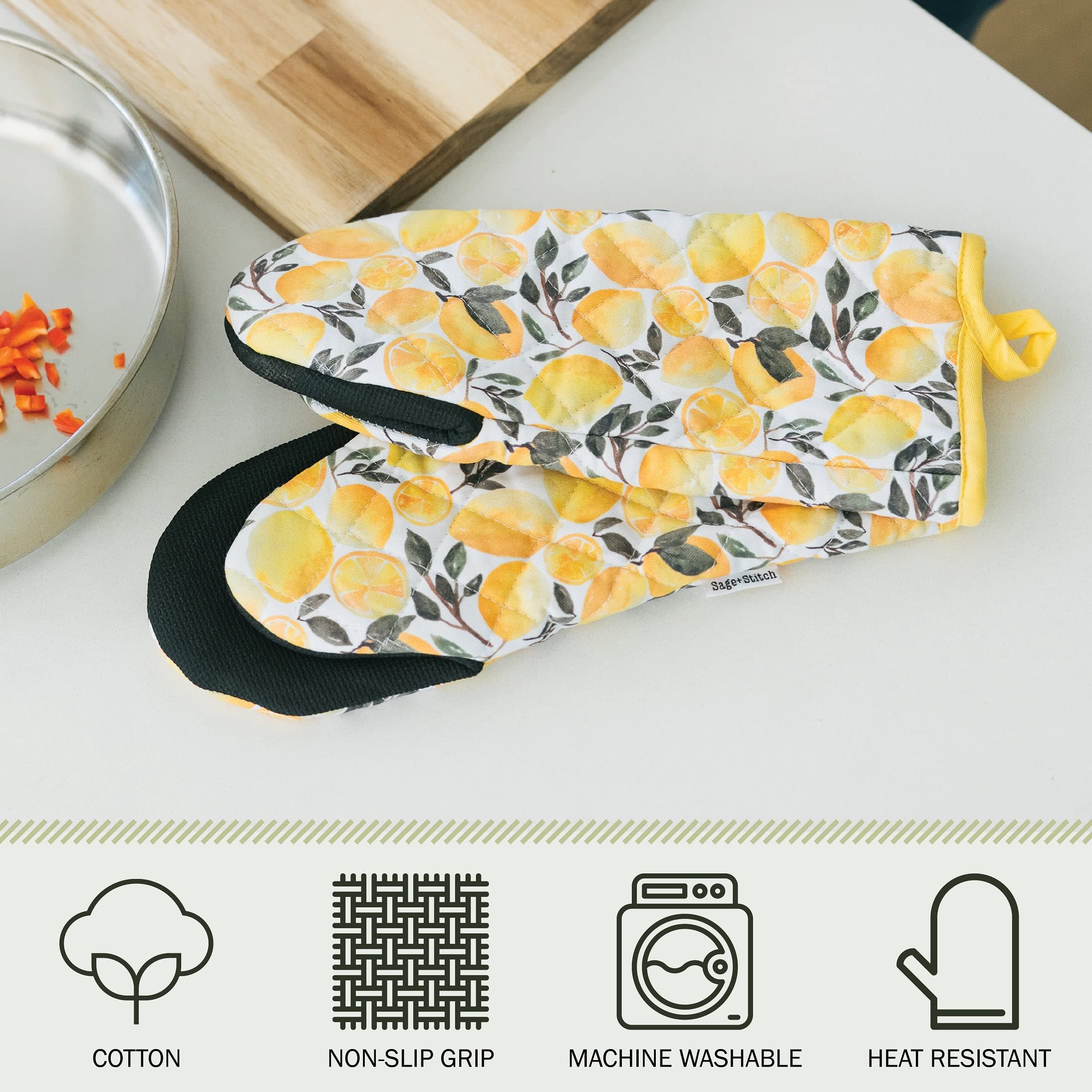 Sage+Stitch Heat Resistant Designer Kitchen Oven Mitts with Neoprene Non-Slip Grips and Hanging Loops | Set of 2 100% Cotton Long Sleeve Kitchen Oven Mitts | 5.5" x 12" | Yellow Lemons