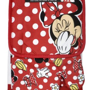 Disney Oven Mitt Pot Holder & Dish Towel 3 pc Kitchen Set (Minnie Mouse Red)