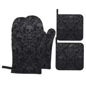 victorian gothic black skull damask oven mitts and pot holders sets of 4,resistant hot pads with polyester non-slip bbq gloves for kitchen,cooking,baking,grilling