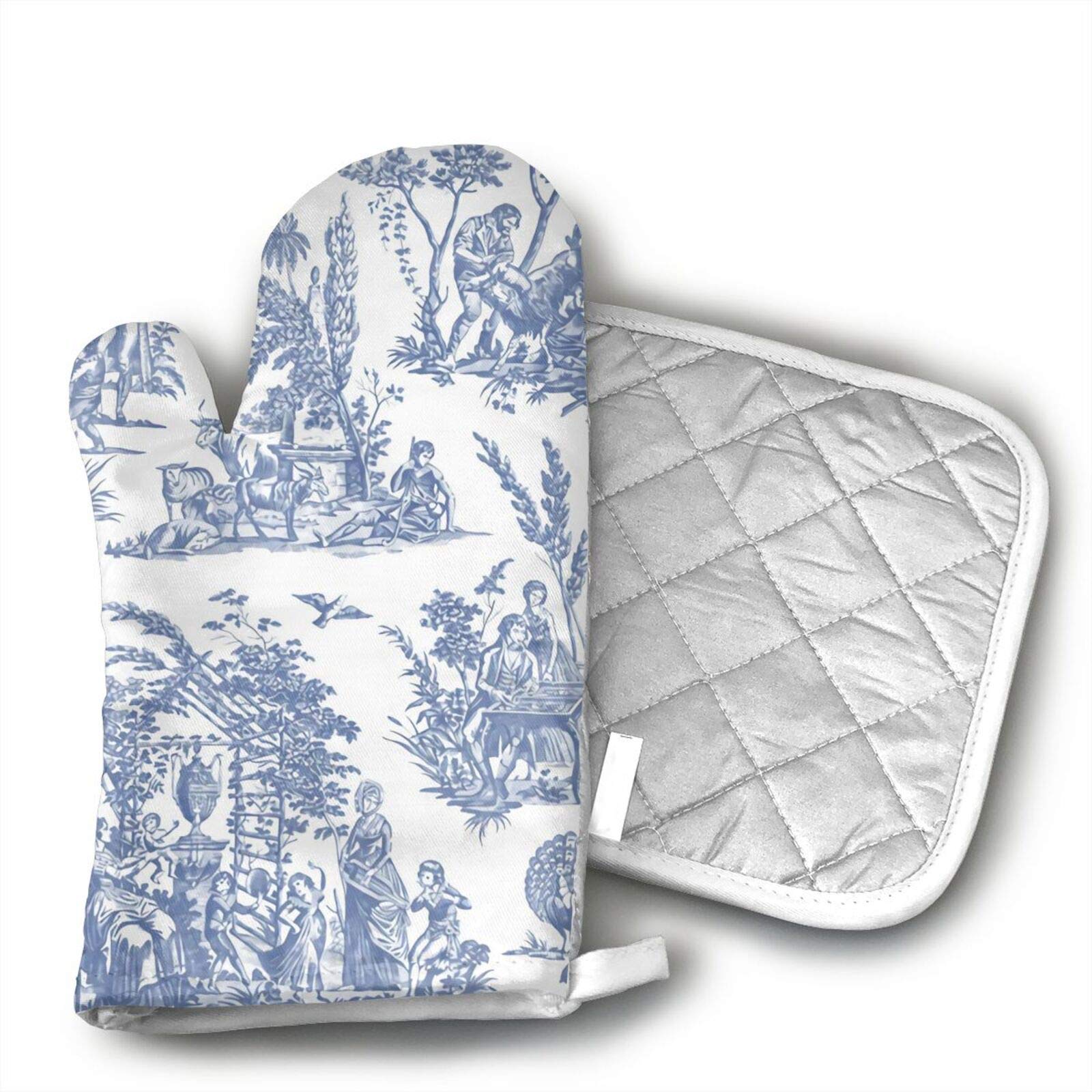 Marseilles Toile Willow Ware Blue White 2 Pack Heat Resistant Hot Oven Mitts & Pot Holders for Kitchen Set,for BBQ Cooking Baking