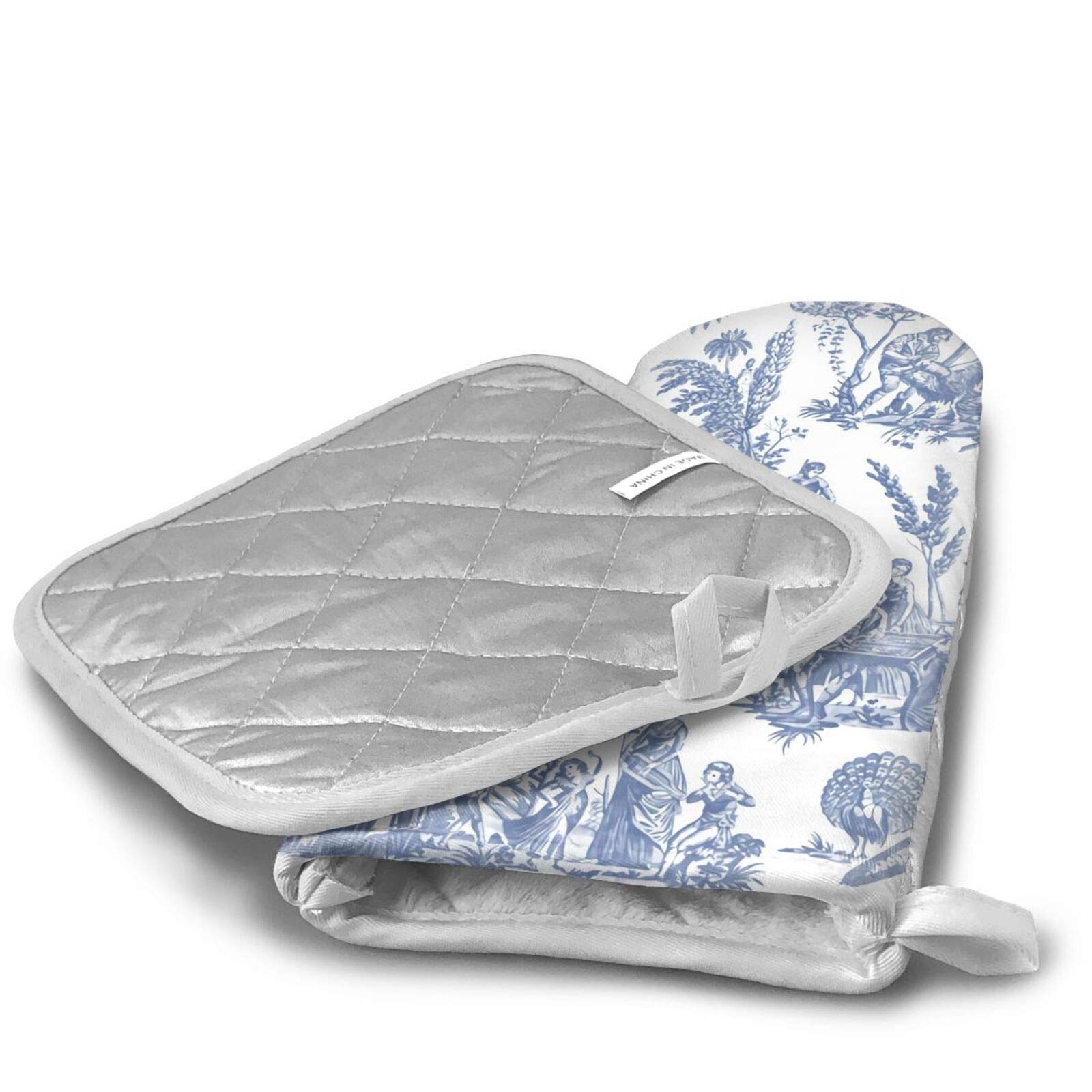 Marseilles Toile Willow Ware Blue White 2 Pack Heat Resistant Hot Oven Mitts & Pot Holders for Kitchen Set,for BBQ Cooking Baking