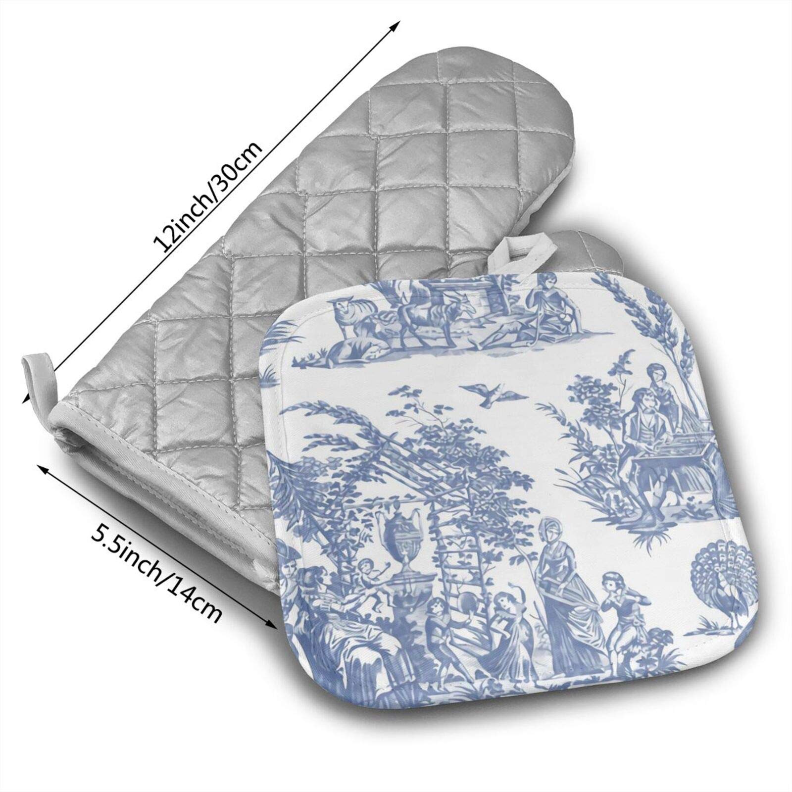 Marseilles Toile Willow Ware Blue White 2 Pack Heat Resistant Hot Oven Mitts & Pot Holders for Kitchen Set,for BBQ Cooking Baking