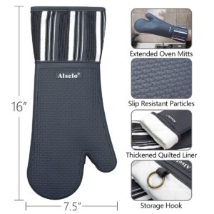 Alselo Silicone Oven Mitts Heat Resistant 550 Degree Extra Long Kitchen Gloves Pot Holders with Waterproof and Non-Silp for Baking Cooking Barbecue Microwave Machine Washable (Extra Long Grey, 2)