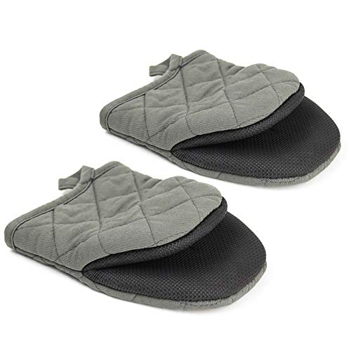 Mini Oven Mitts, 2 Pack Heat Resistant 300 ºF Little Oven Gloves Pot Holder Neoprene Cotton Trivet for Kitchen Cooking - Non-Slip Grip, Hanging Loop, 7 x 6 Inches, Grey (Grey)